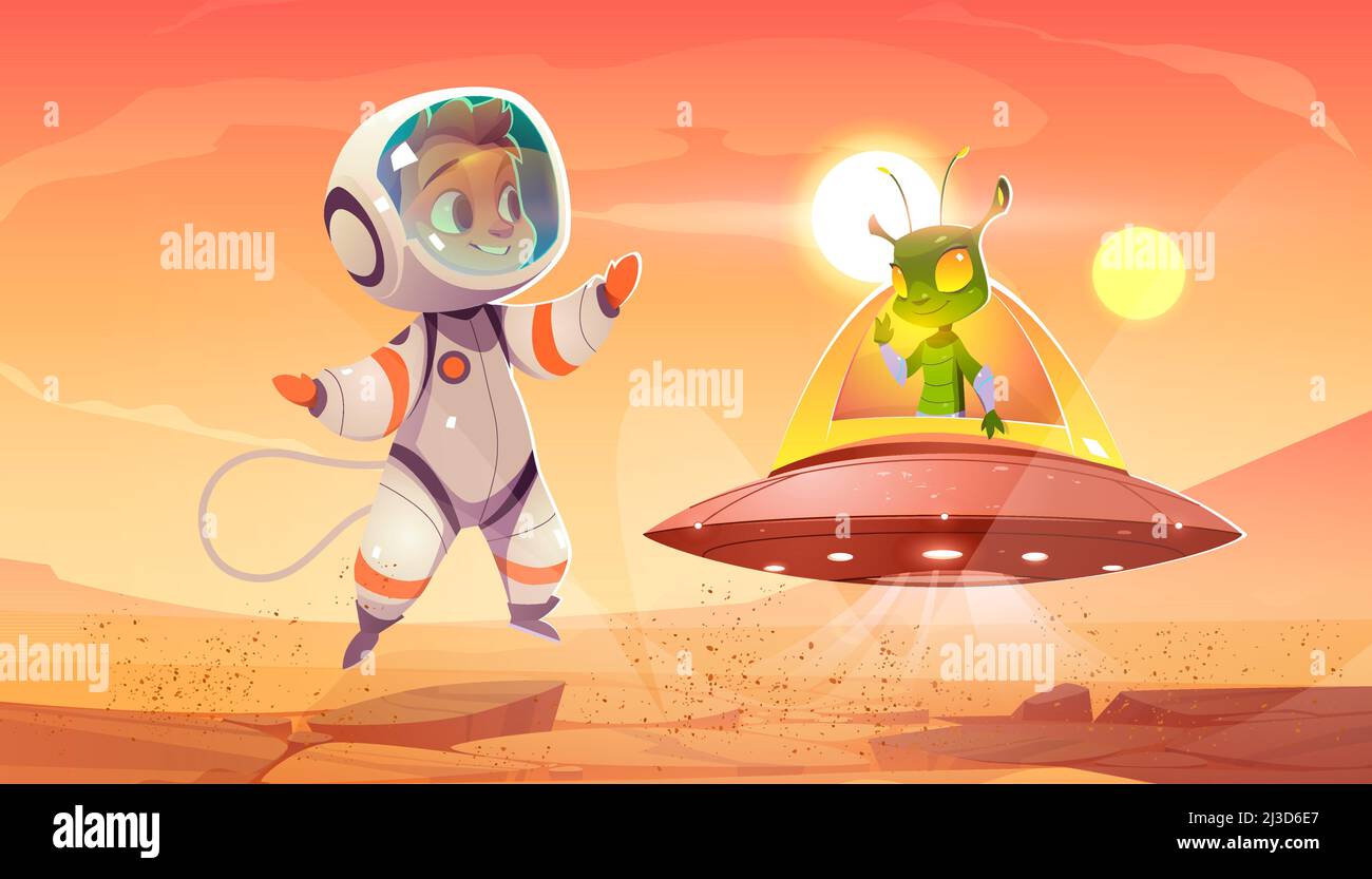 Alien and astronaut child meet on red planet. Friends cute martian and ...
