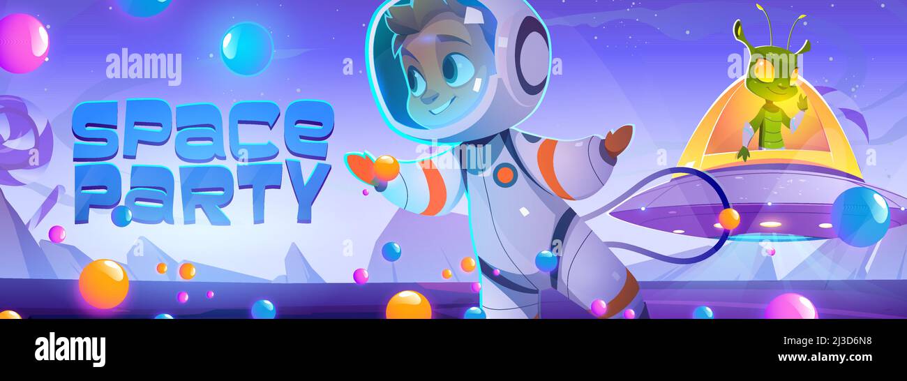Space party poster with cute spaceman and alien character in sweet ...