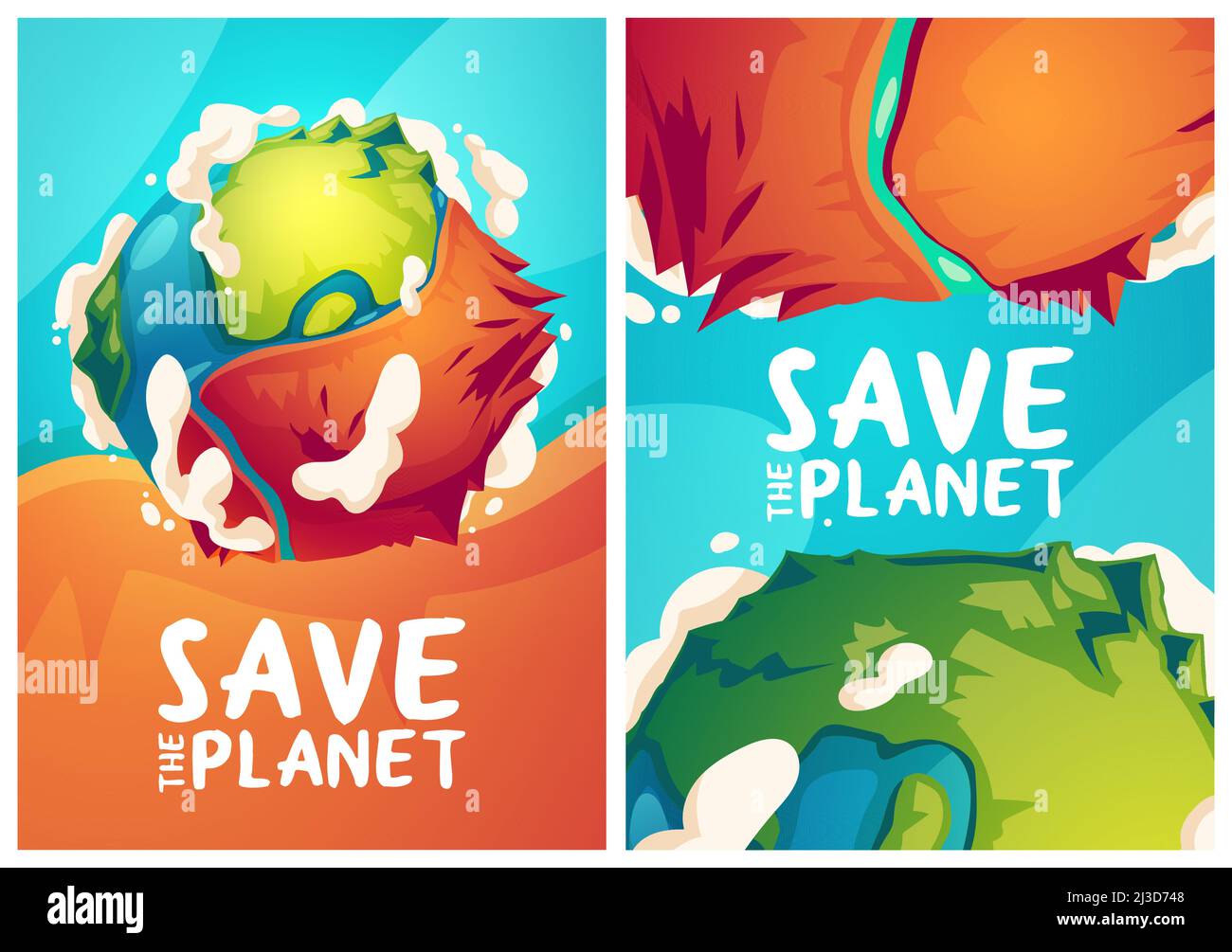 Save planet posters with Earth globe with dry part. Vector banners of ...