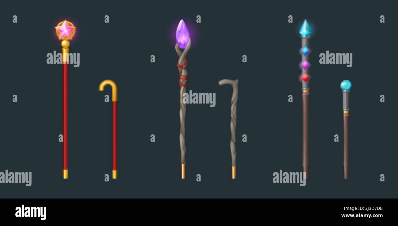 Walking sticks and magic staves for wizard or magician. Vector cartoon set of sorcerer wooden ...