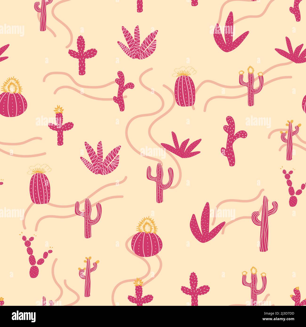 Seamless patterns with different cacti. Bright repeating texture with pink cacti. Background ...
