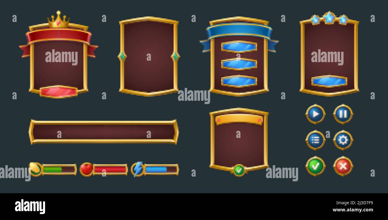Set game frames and menu buttons cartoon interface. Empty borders with royal crown and banners ...