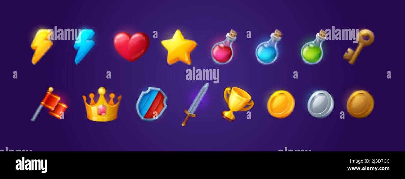 Game icons with heart, lightning, key, crown, gold cup and star. Vector ...