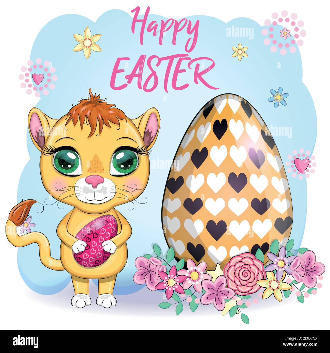 Cartoon lion with Easter egg. Character with beautiful eyes, childish ...