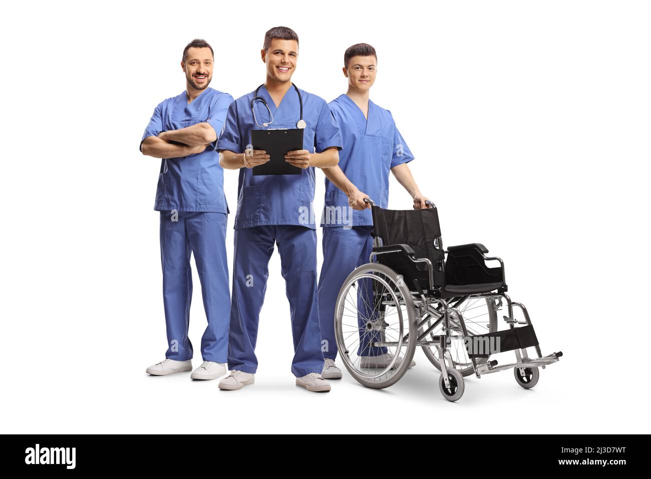 Male health care workers in blue uniforms with a wheelchair isolated on ...