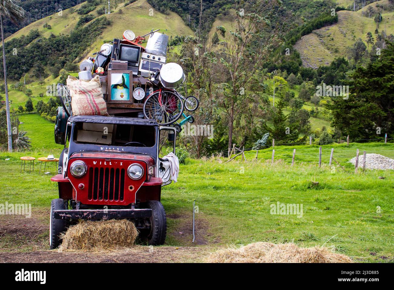 SALENTO, COLOMBIA - JULY 2021. Traditional Jeep Willys at the beautiful ...