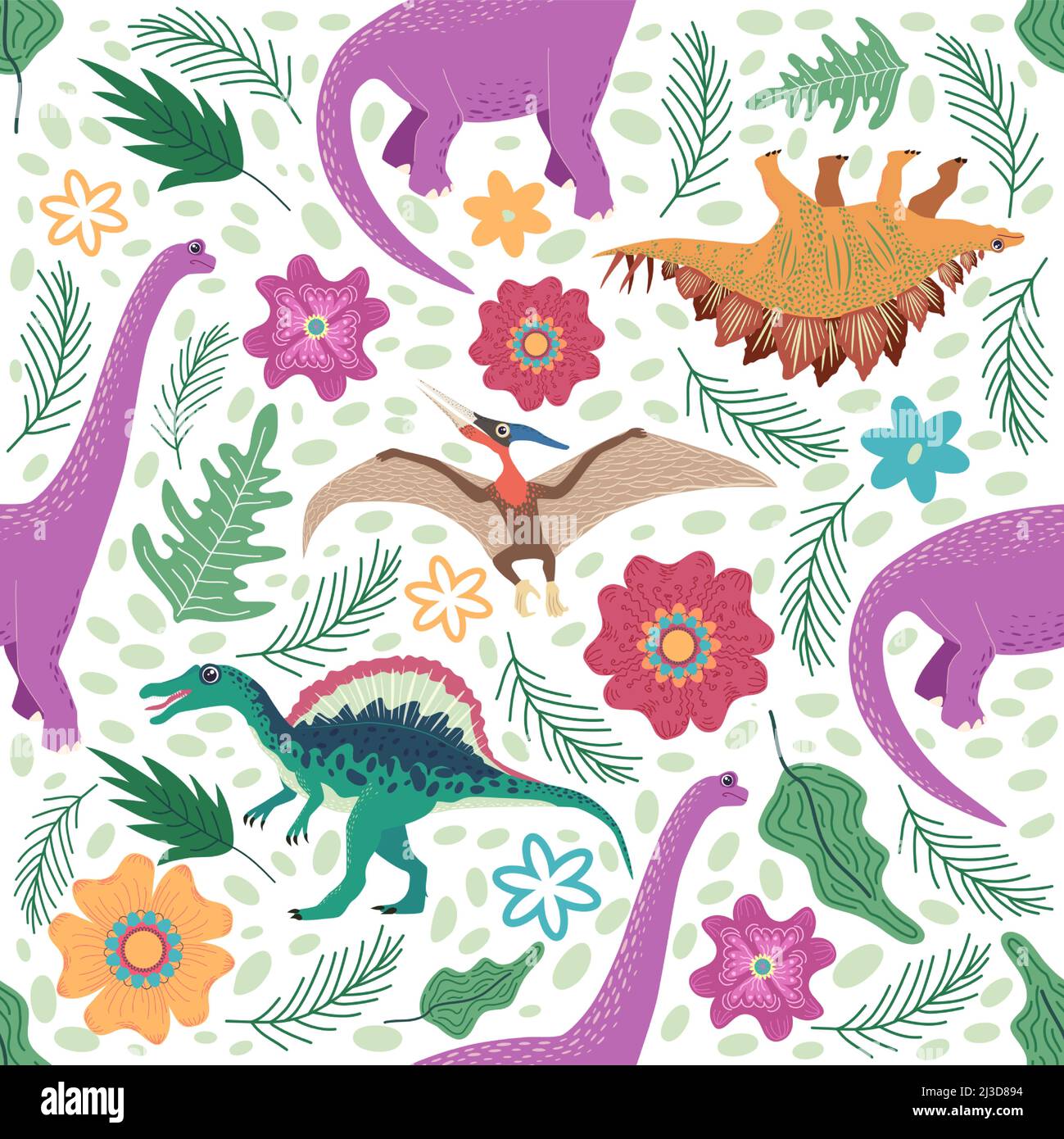 Hand drawn seamless pattern with dinosaurs and tropical leaves and ...