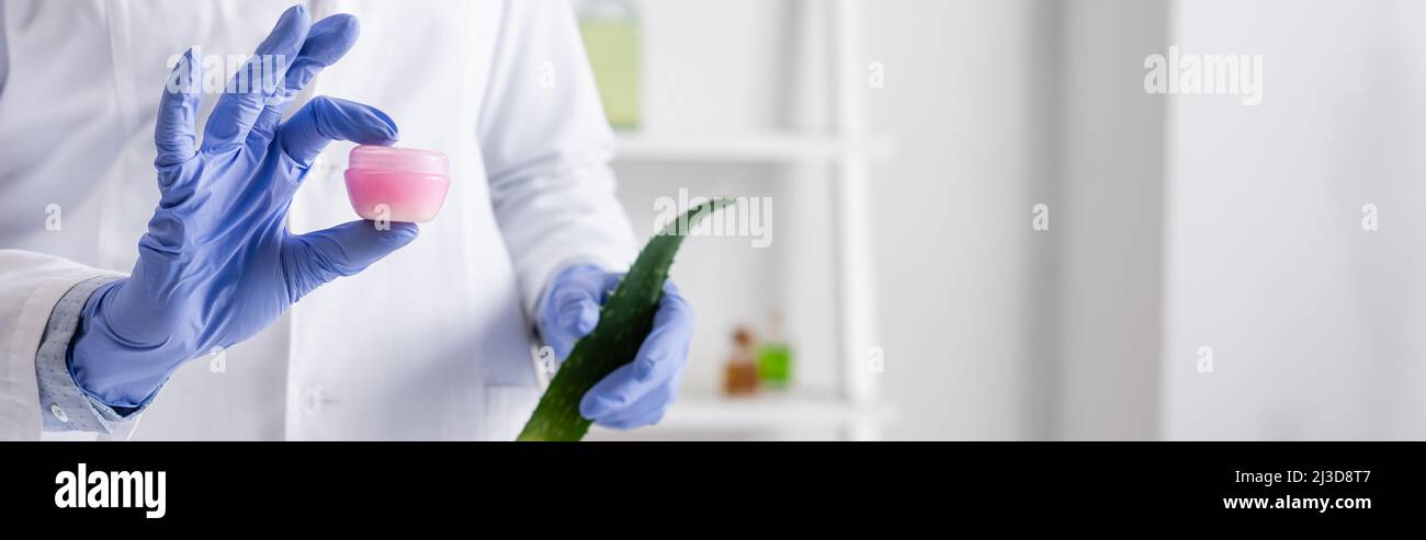 cropped view of laboratory assistant in latex gloves holding aloe leaf ...