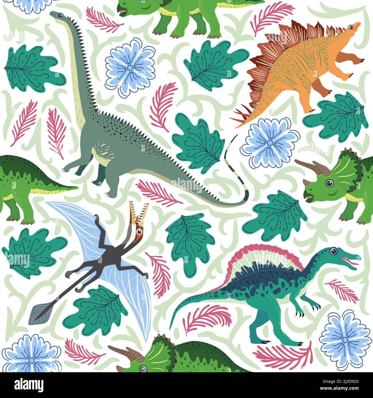 Hand drawn seamless pattern with dinosaurs and tropical leaves and ...