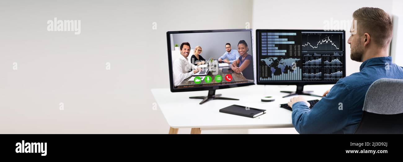 Online Video Conference Virtual Meeting On Multiple Screens Stock Photo ...