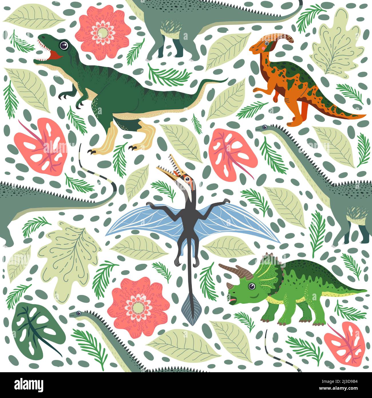 Hand drawn seamless pattern with dinosaurs and tropical leaves and ...