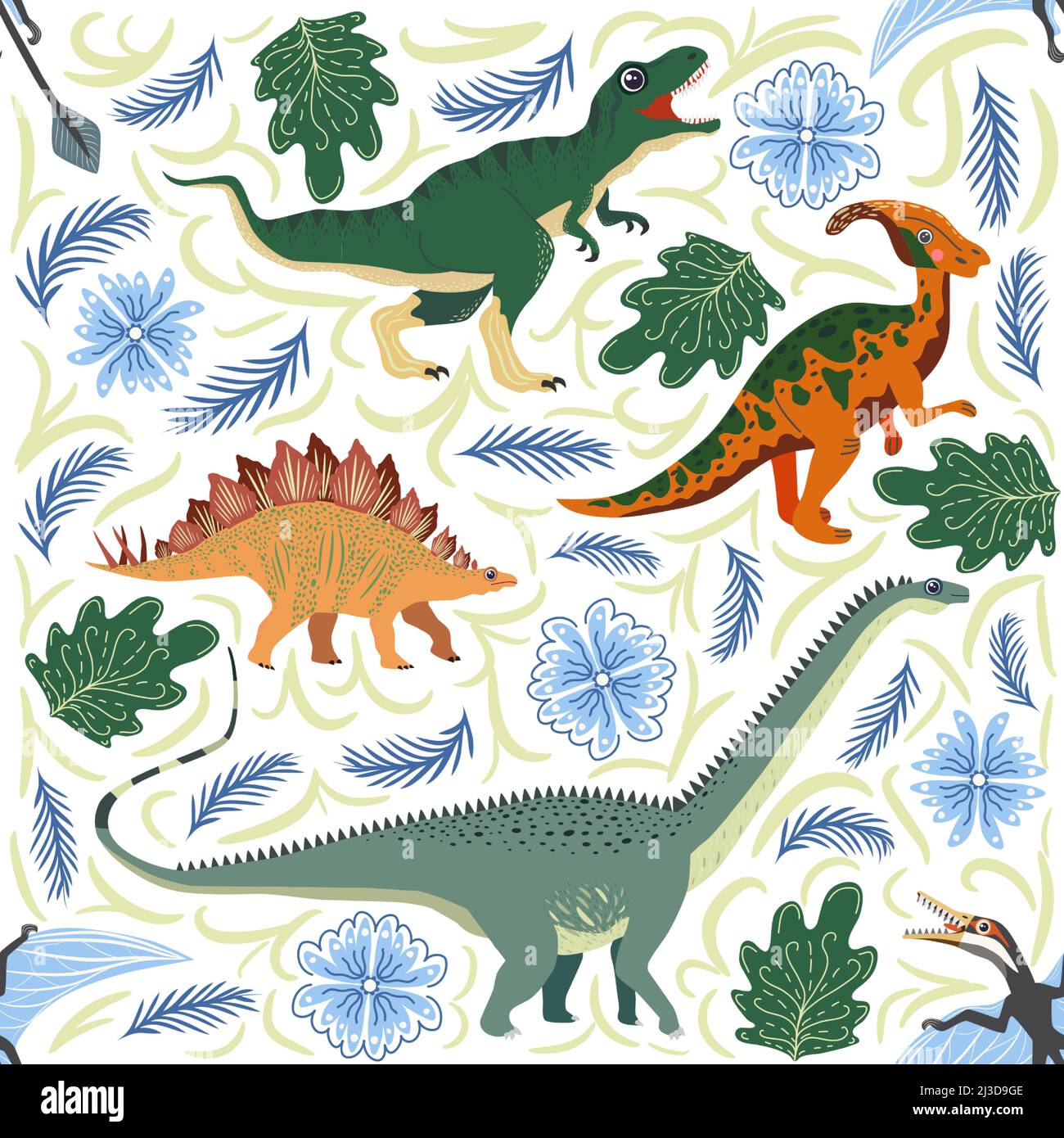 Hand drawn seamless pattern with dinosaurs and tropical leaves and ...