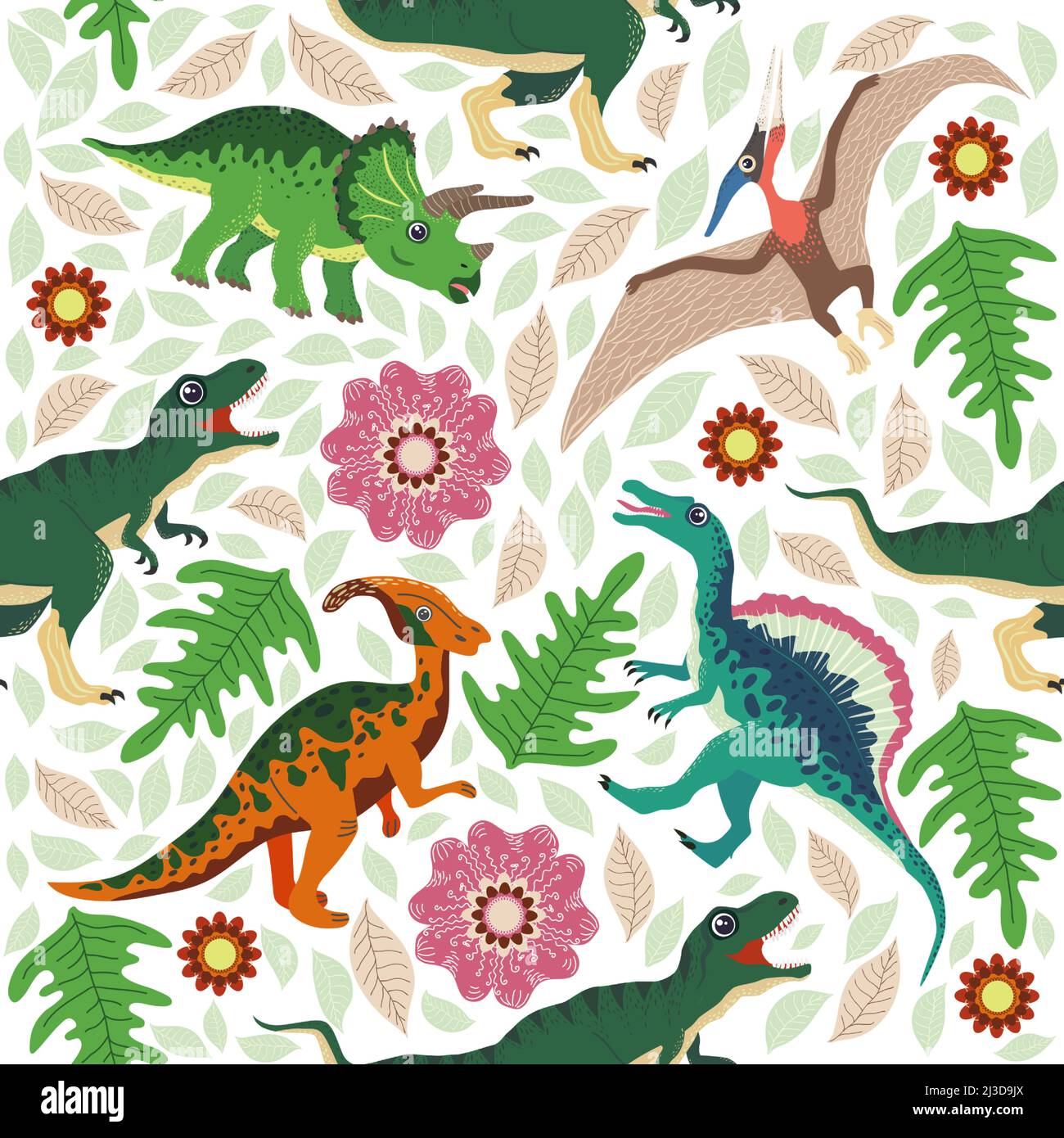 Hand drawn seamless pattern with dinosaurs and tropical leaves and ...