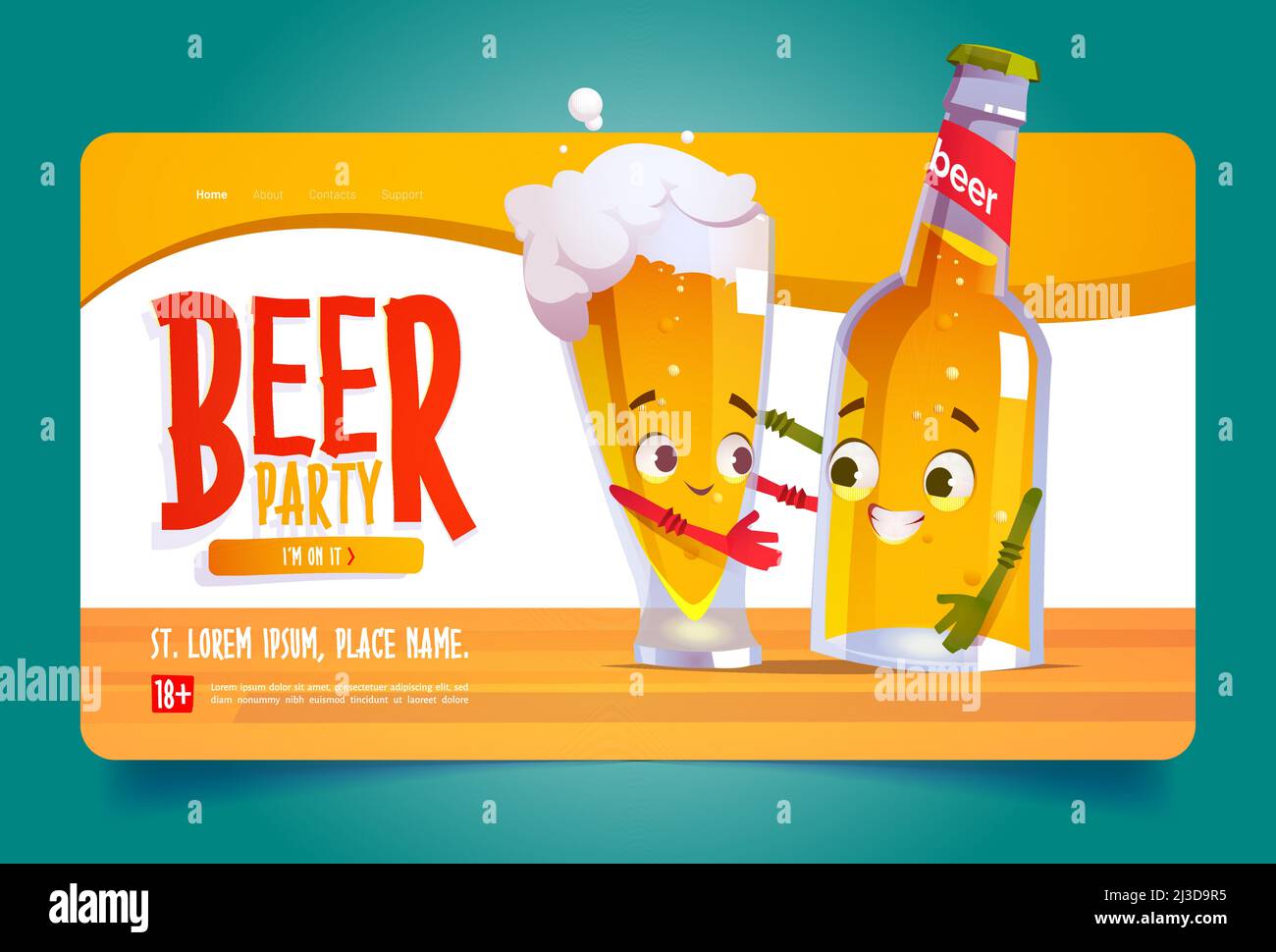 Beer party cartoon landing page, funny bottle and glass with foamy ...