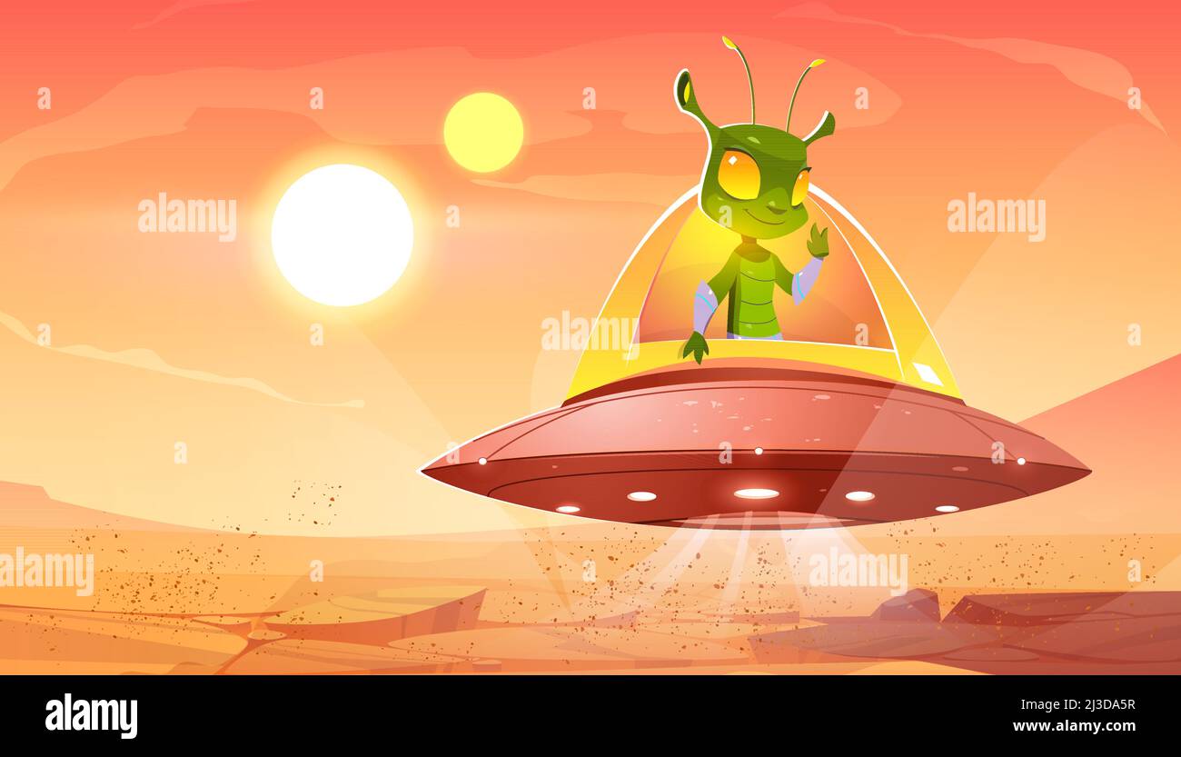 Funny alien in spaceship hover above Mars surface. Vector cartoon ...