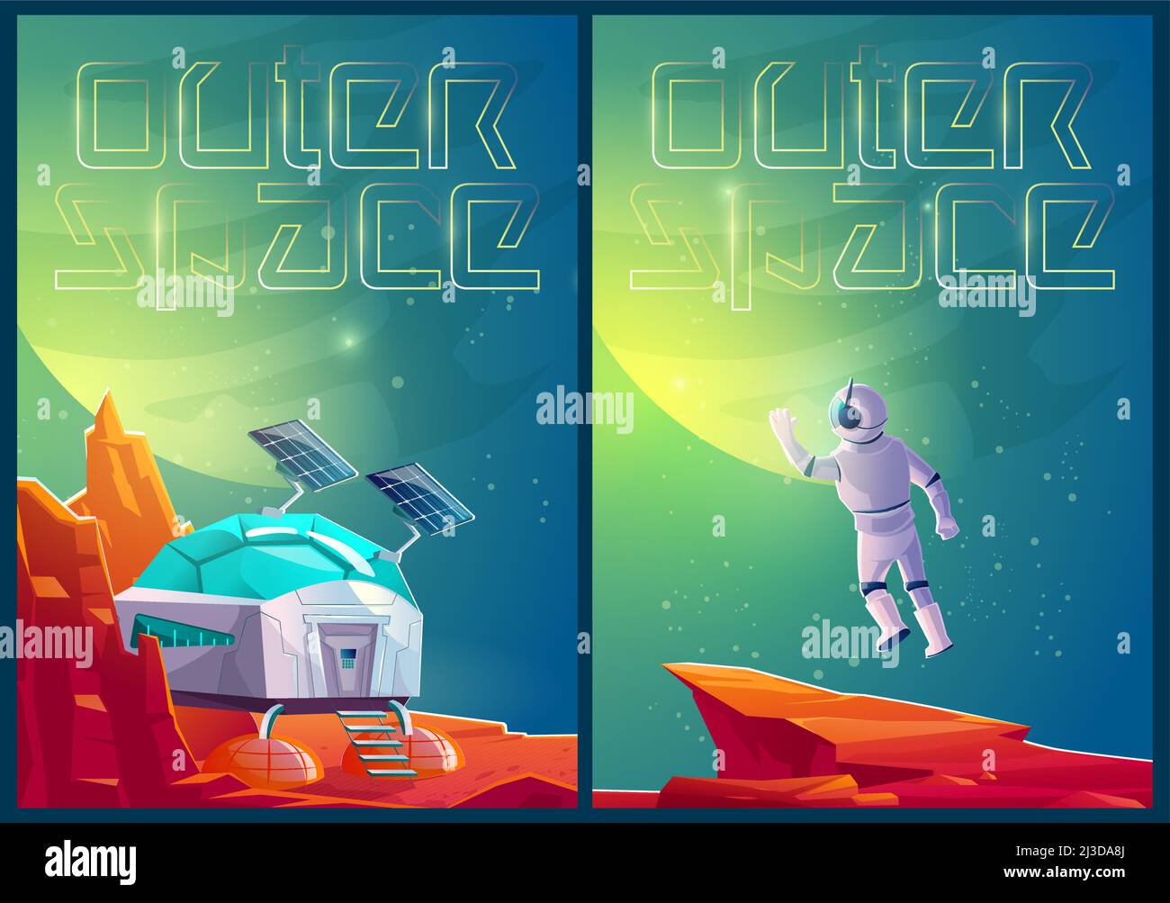 Outer space posters with colony base and astronaut on Mars. Vector ...