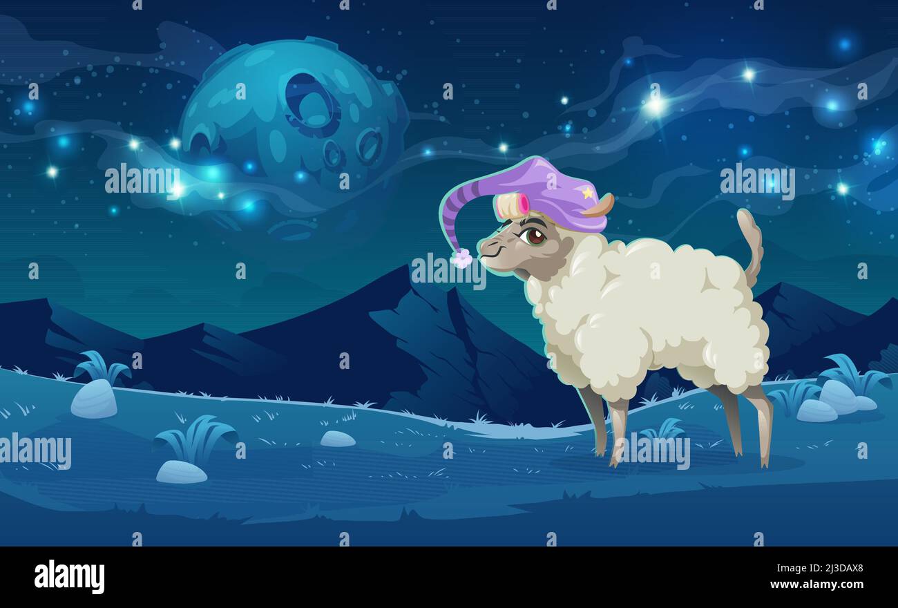 Cute alpaca in sleeping hat on meadows in peruvian mountains at night ...