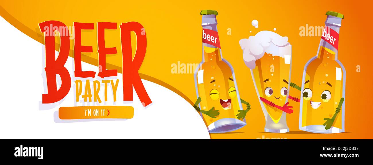 Beer party banner with cute characters of bottles and glass. Invites ...