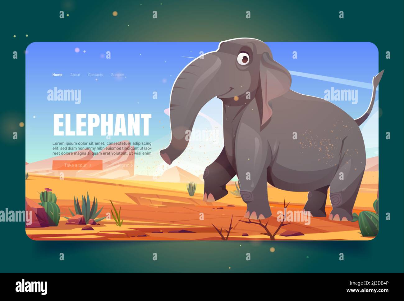 Wild nature banner with happy elephant walking in savannah. Vector ...