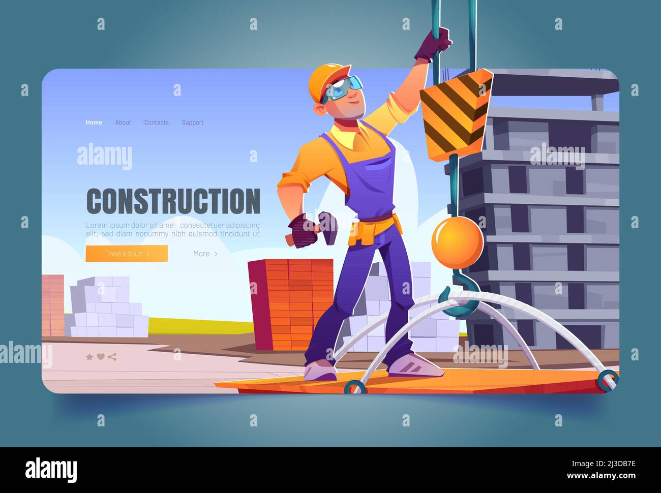 Construction banner with worker in helmet and crane hook. Vector ...