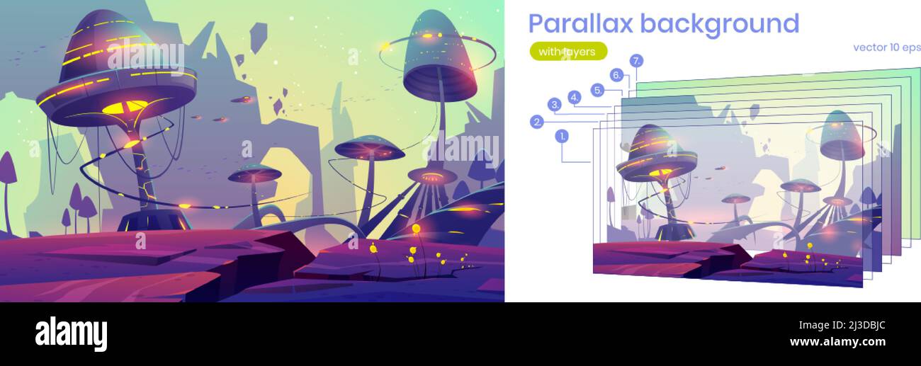 Parallax background alien planet 2d landscape with fantasy mushrooms ...