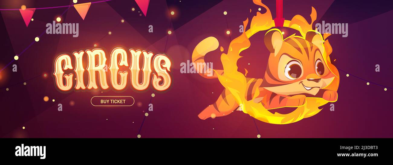Circus poster with tiger jumping through fire ring. Vector flyer of ...