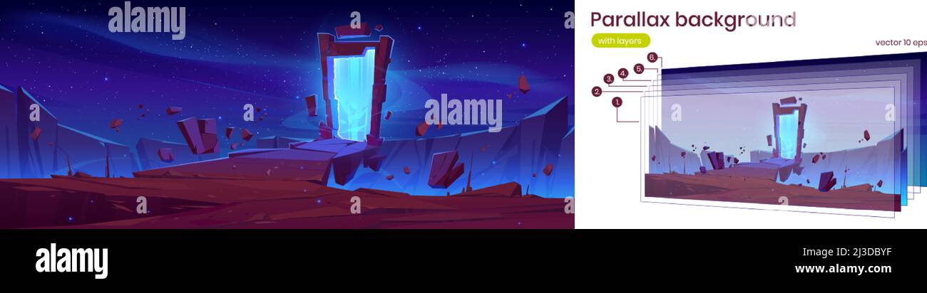 Magic portal in stone frame on mountain landscape at night. Vector ...