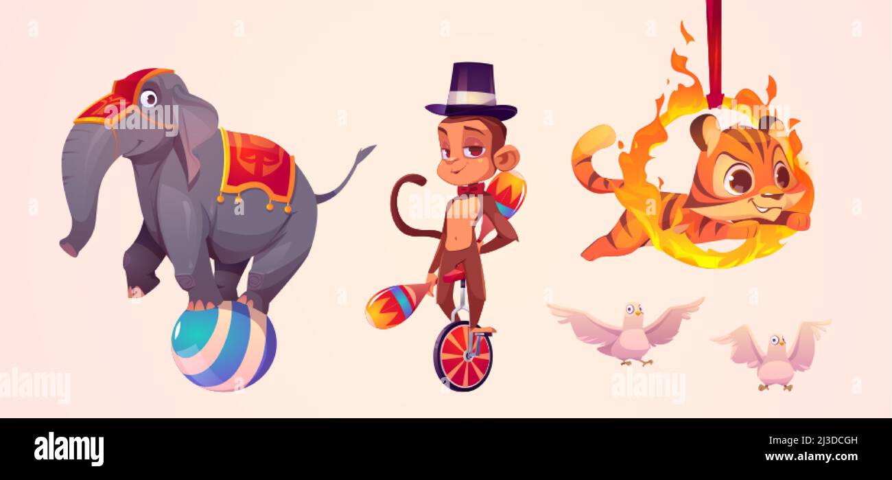 Cute circus animals, elephant standing on ball, monkey juggler, tiger ...