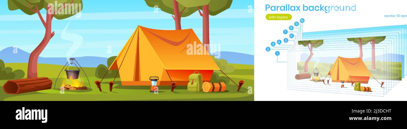 Parallax background camping tent with tourist stuff in forest 2d ...