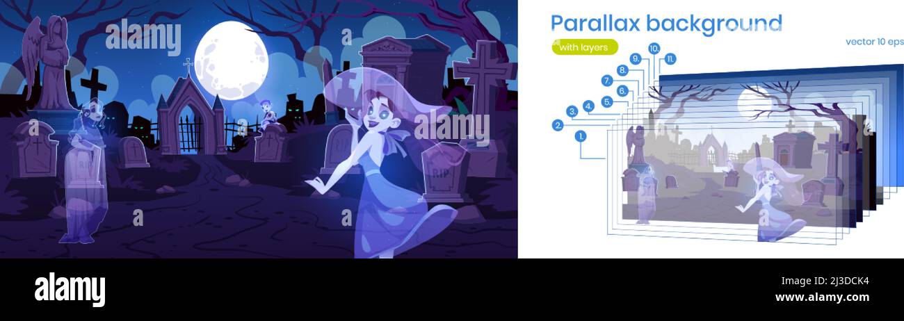 Old cemetery with ghosts, memorial tombstones, graves and crypts ...