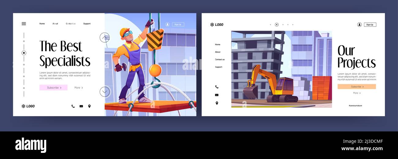 Construction industry cartoon landing pages. Excavator machinery ...