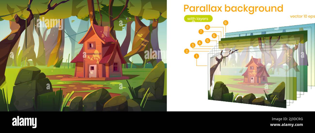 Parallax background wooden house in summer forest. Old shack in deep ...