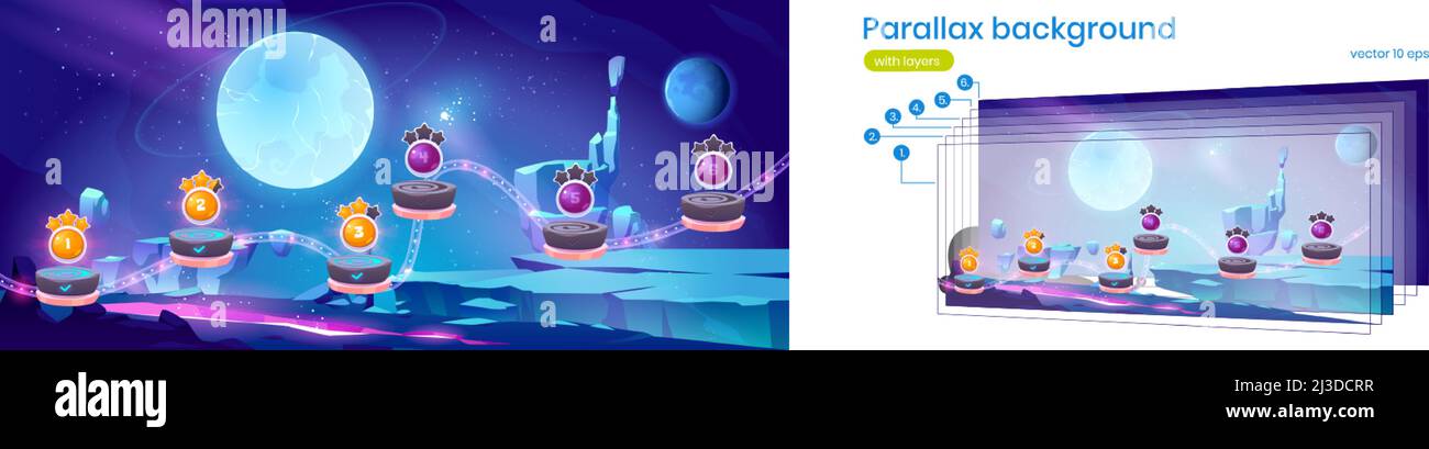 Space game level map with complete stages with gold stars and alien ...