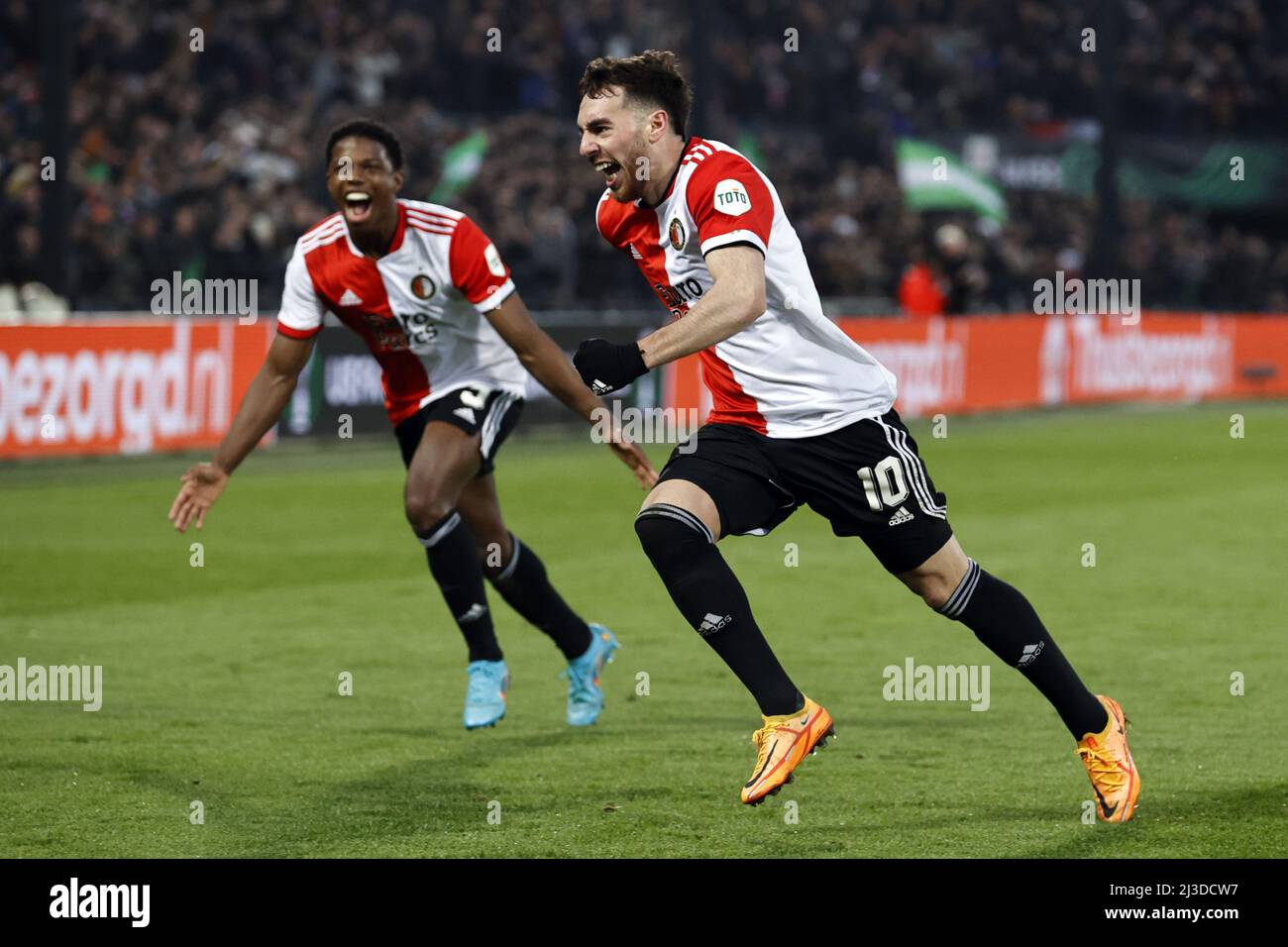 ROTTERDAM - (lr) Tyrell Malacia of Feyenoord, Orkun Kokcu of Feyenoord celebrate the 3-2 during ...
