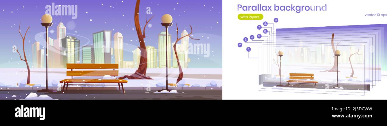 City park with white snow, wooden bench, trees and lanterns in winter ...