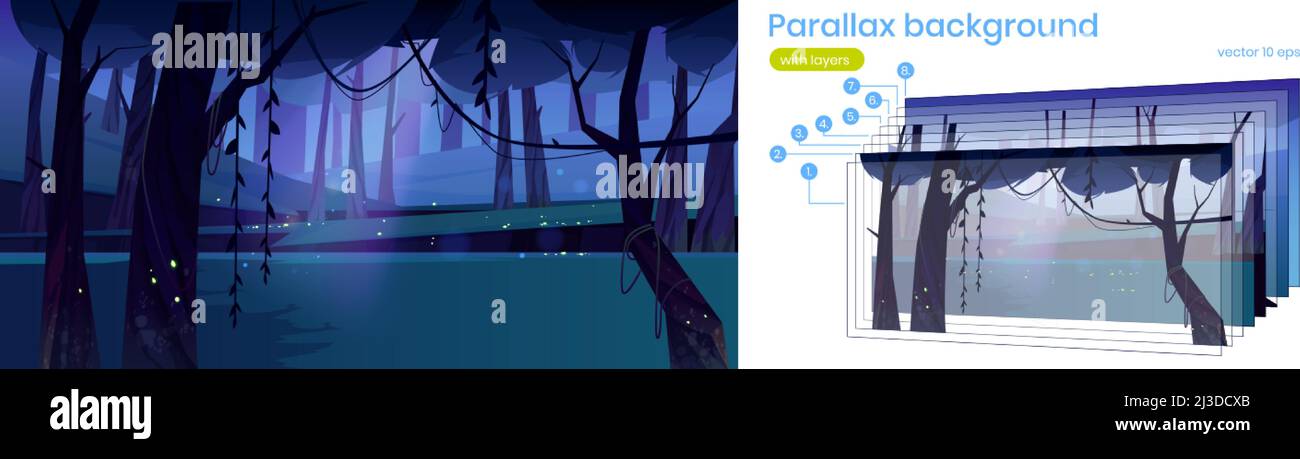 Parallax background night forest, nature 2d landscape, mysterious wood ...