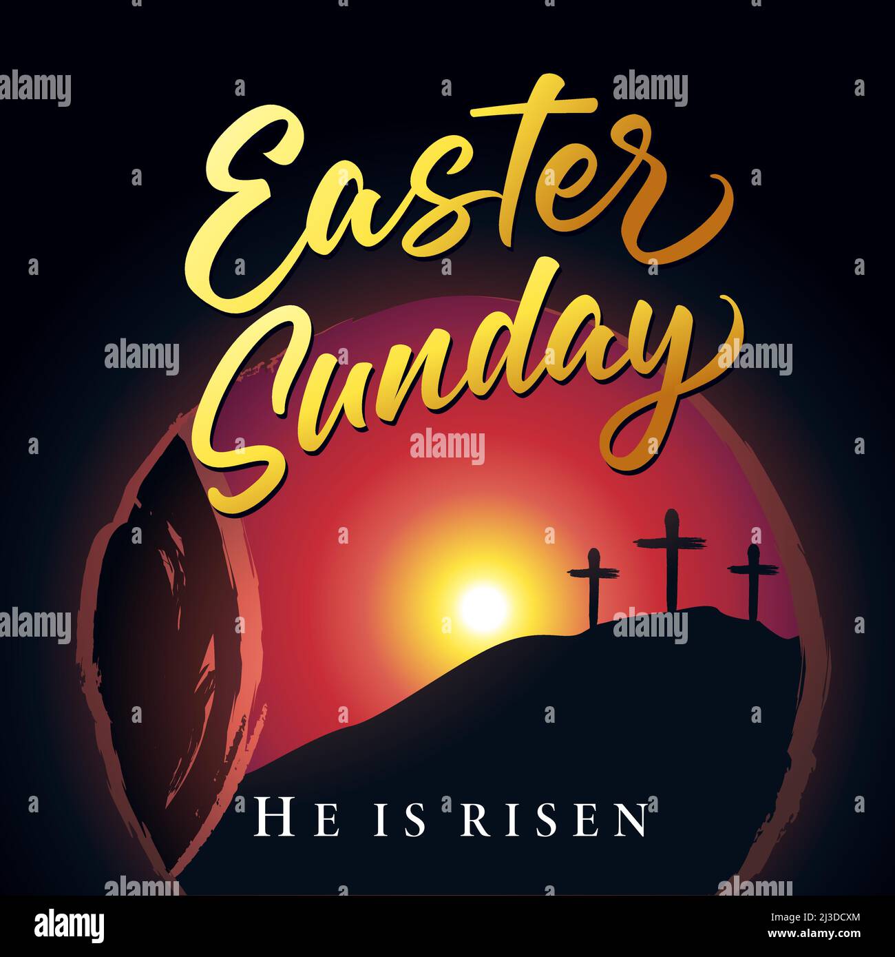 Easter Sunday morning, He is risen, Calvary and tomb. Holy week poster ...