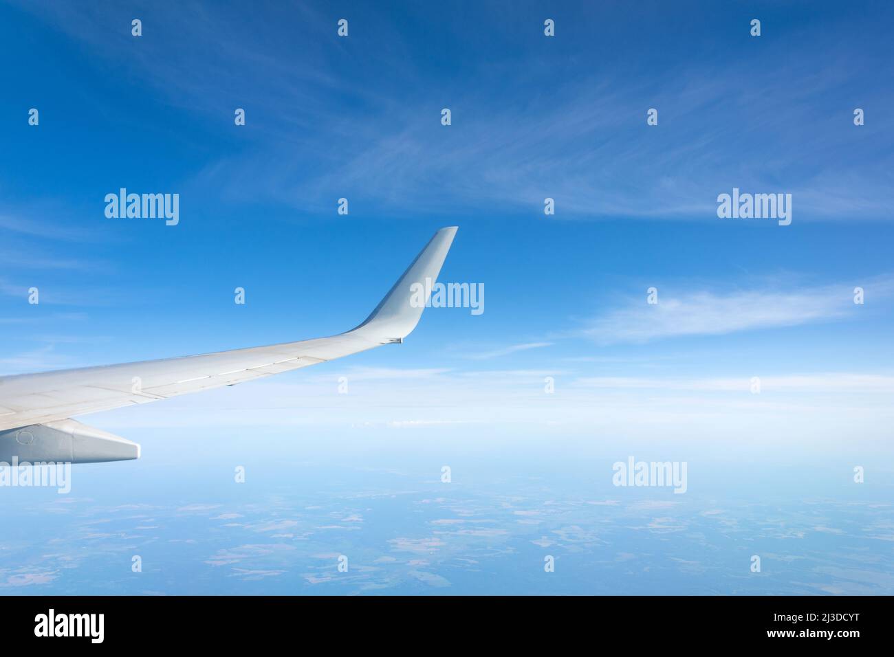 Wing view of the airplane on a winglets, clouds on the skyline during ...