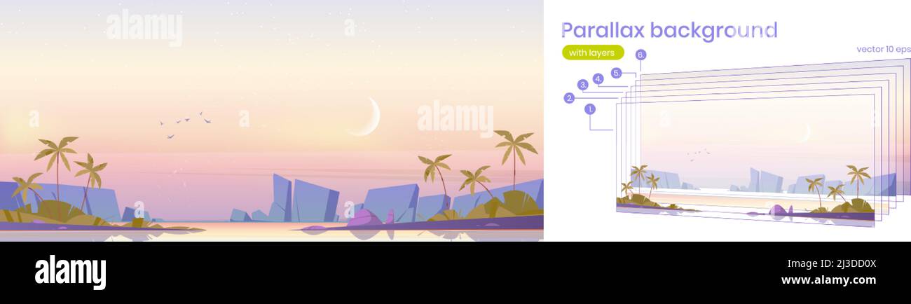 Parallax background for game tropical island at early morning, calm sea ...
