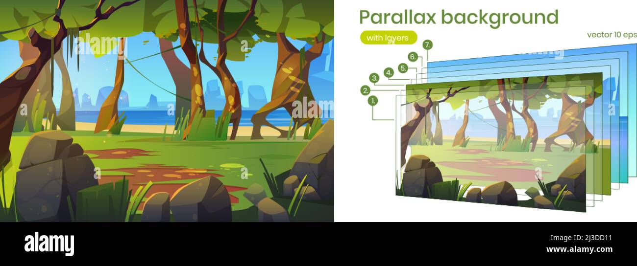 Summer forest with glade, stones, trees and beach of lake or sea ...