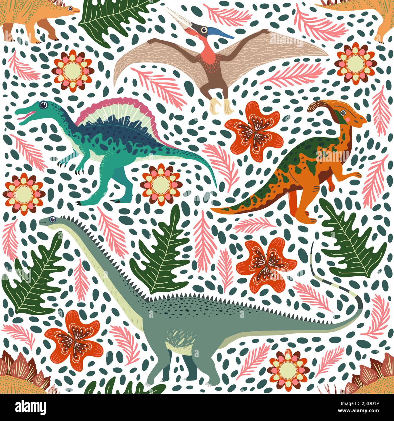 Hand drawn seamless pattern with dinosaurs and tropical leaves and ...