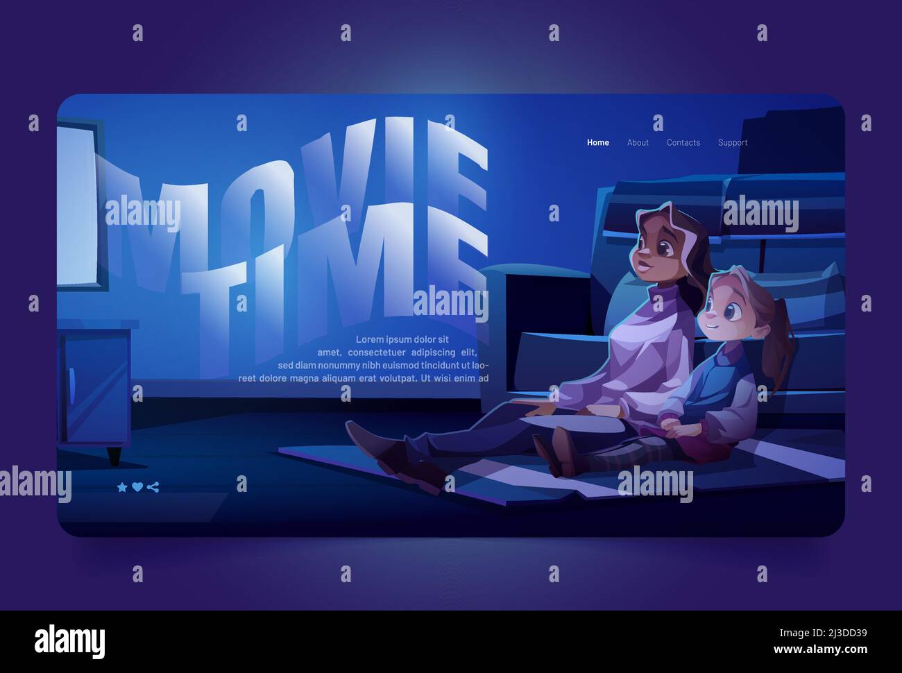Movie time banner with woman and child watching tv. Vector landing page ...