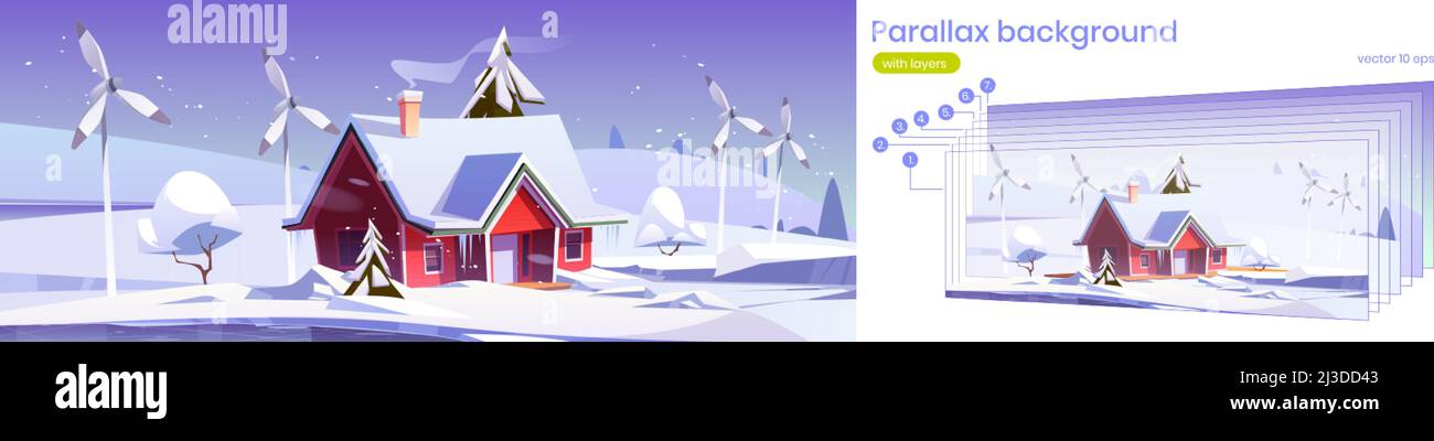 Parallax background winter 2d landscape with house and wind turbines ...