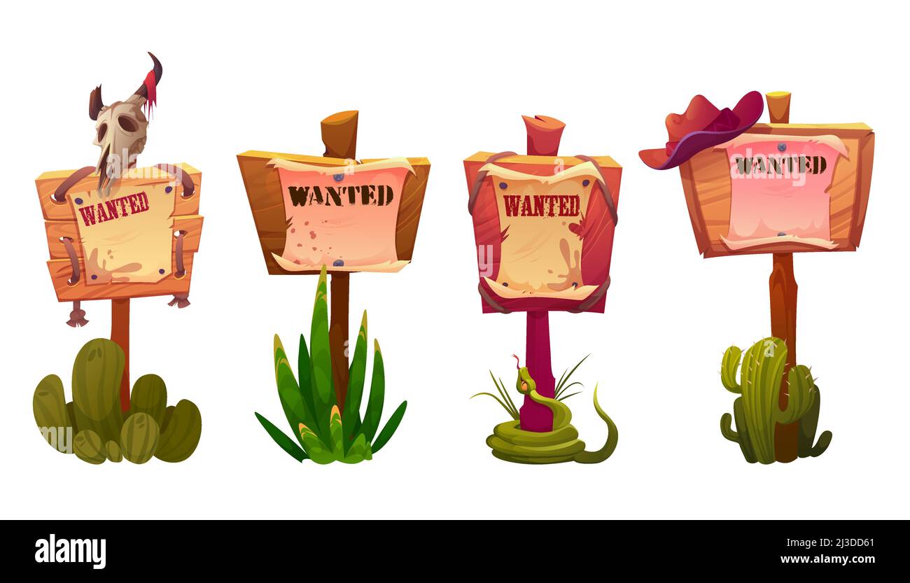 Wanted signs or banners, wild west announcement on parchment hang on ...