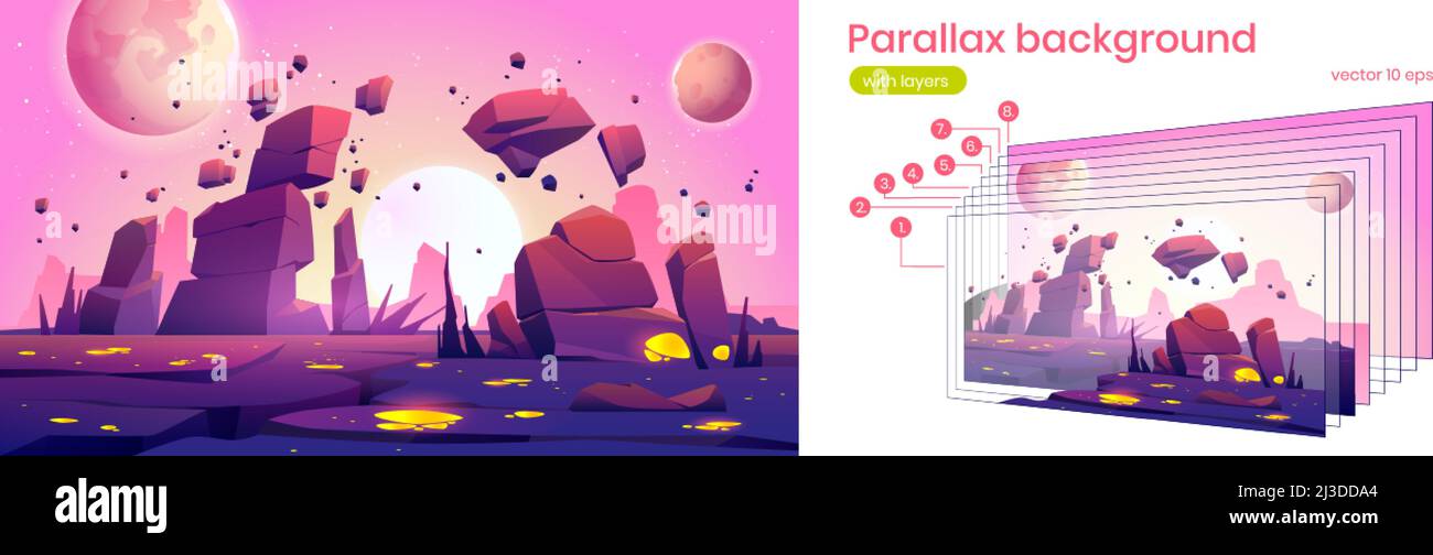 Alien planet landscape with rocks, cracks and glowing spots. Vector ...