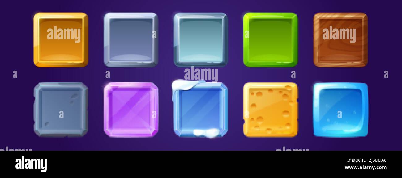 Game ui app icons, square buttons, cartoon menu interface textured blocks. Gui graphic design ...