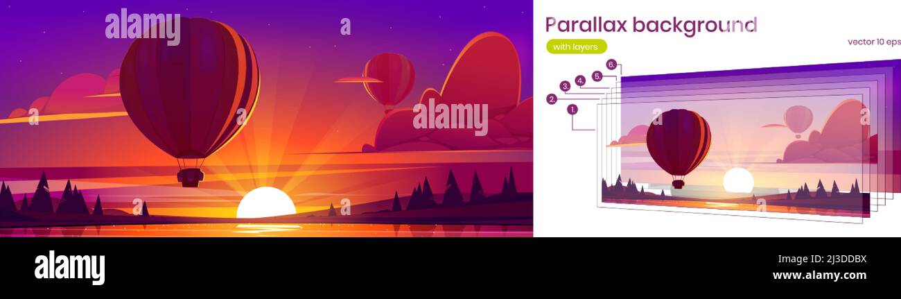 Nature scene with flying hot air balloon, lake and coniferous forest on ...