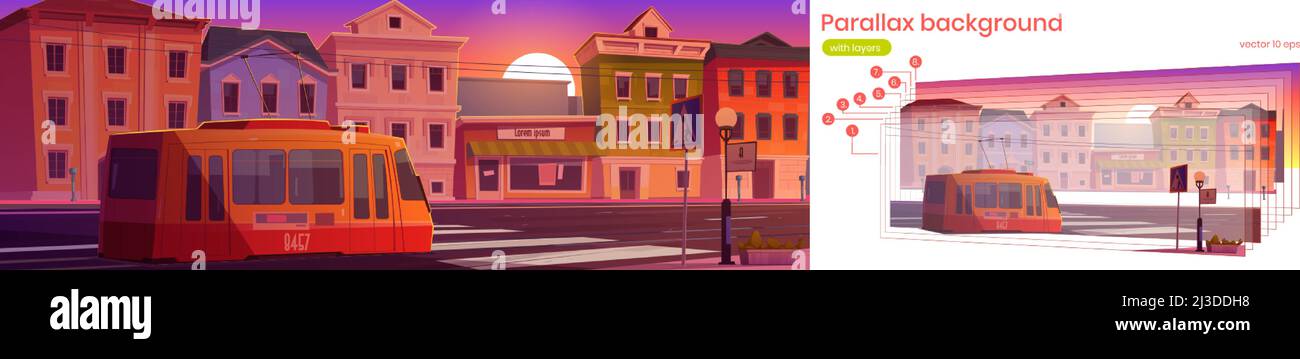 City street with houses, tram and empty road with pedestrian crosswalk ...