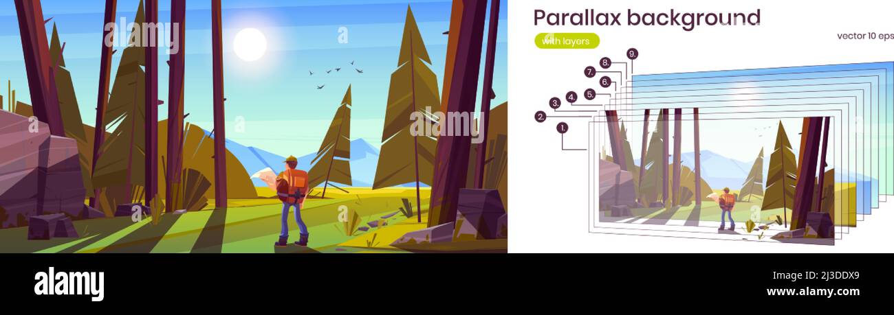 Hiker man with map and backpack in forest with coniferous trees, stones ...