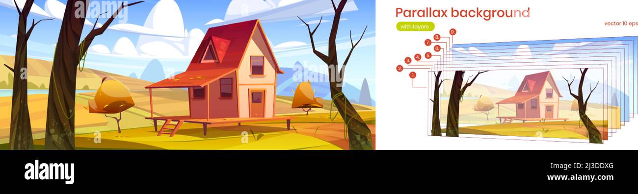 Wooden farm house with agriculture fields and garden in autumn. Vector ...